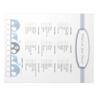 What's in your purse Elephant Baby Shower Game Notepad | Zazzle