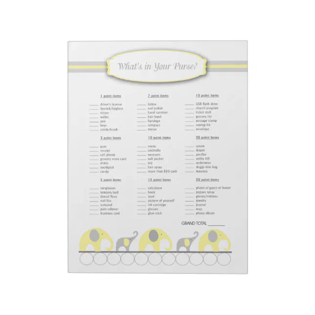 What's in your purse Elephant Baby Shower Game Notepad | Zazzle