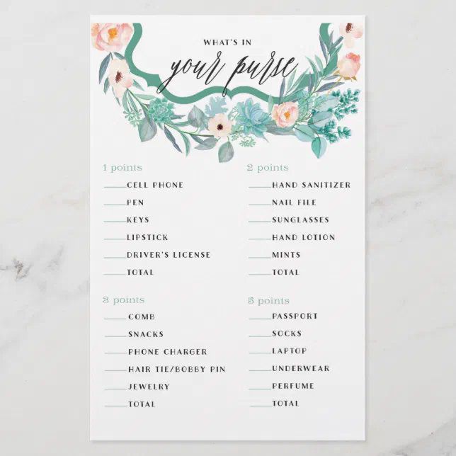 What's In Your Purse Floral Bridal Shower Game | Zazzle