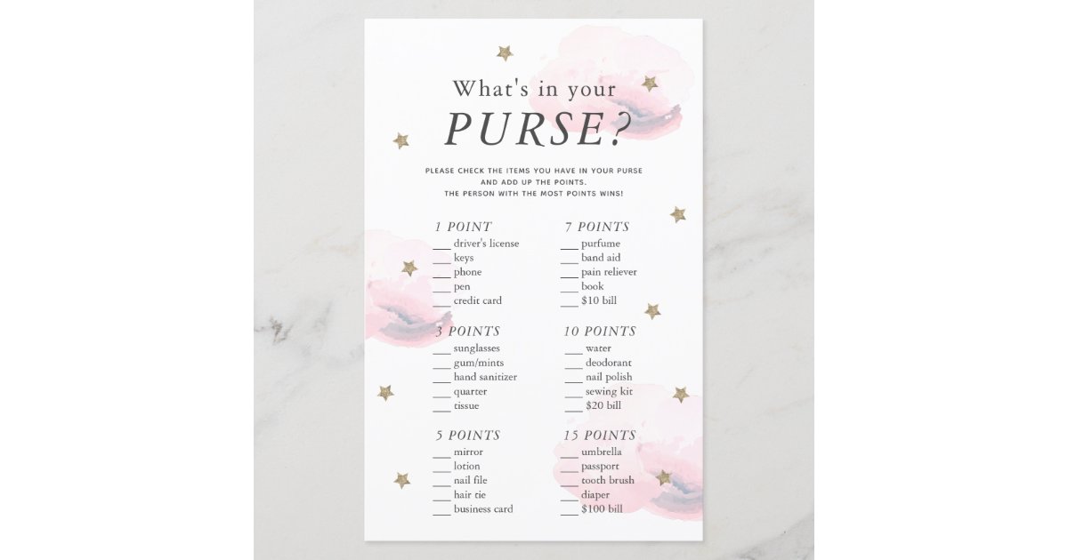 What's in Your Purse Star Pink Baby Shower Game | Zazzle