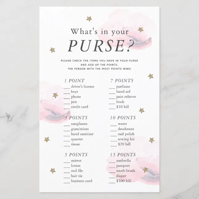 What's in Your Purse Star Pink Baby Shower Game | Zazzle