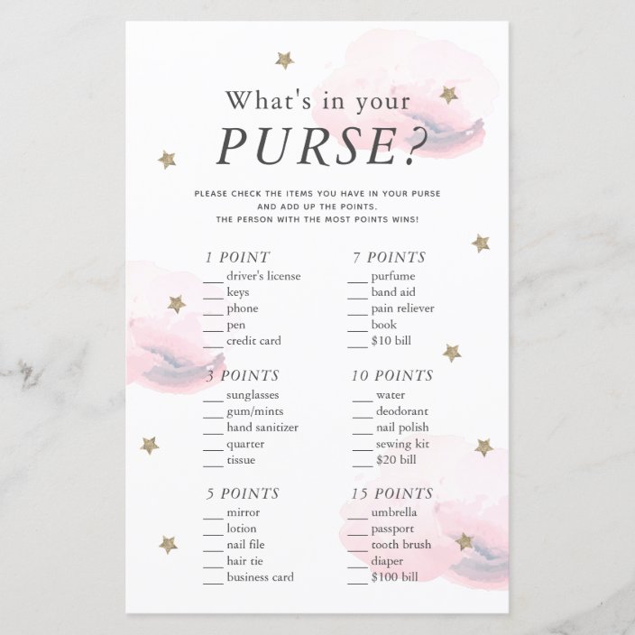 What's in Your Purse Star Pink Baby Shower Game | Zazzle.com