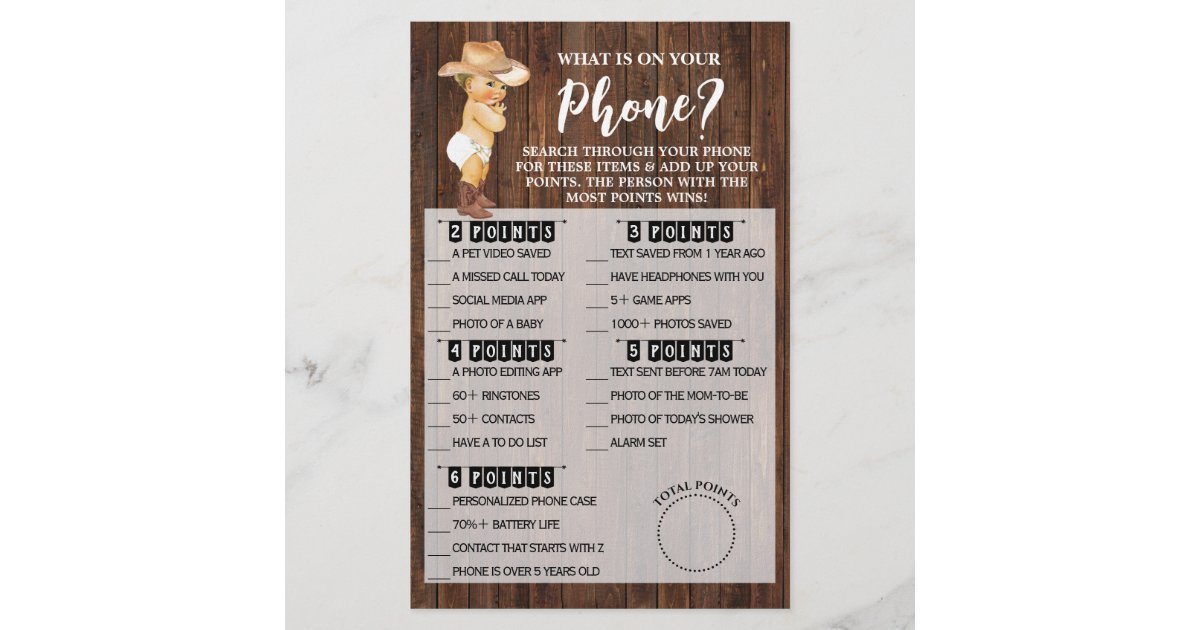 What's on your Phone Cowboy Baby Shower Game Card Flyer | Zazzle