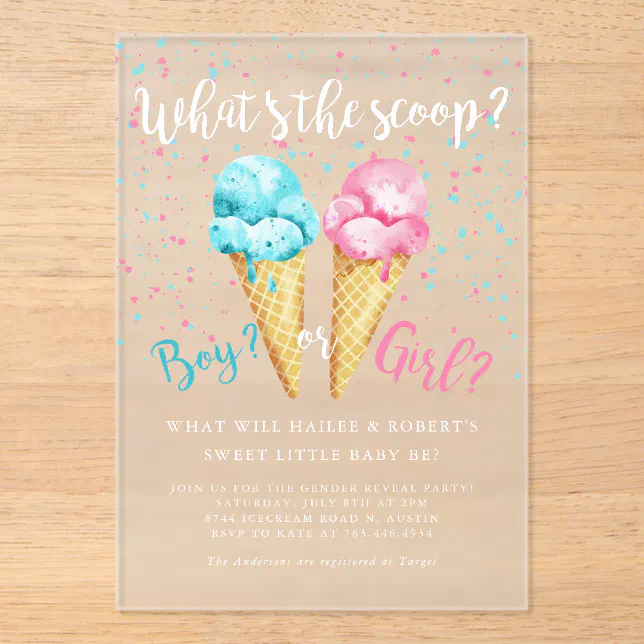 Whats The Scoop Ice Cream Gender Reveal Party Acrylic Invitations | Zazzle