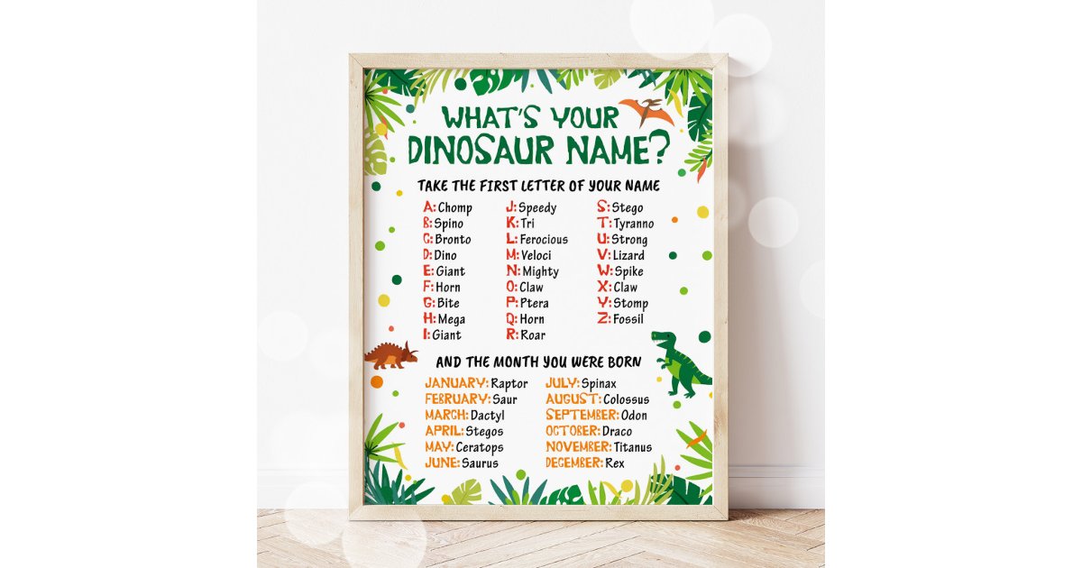 What's Your Dinosaur Name Party Game Poster | Zazzle