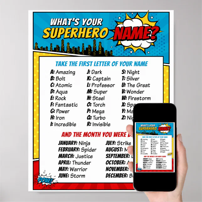 What's Your Superhero Name Party Game Poster | Zazzle