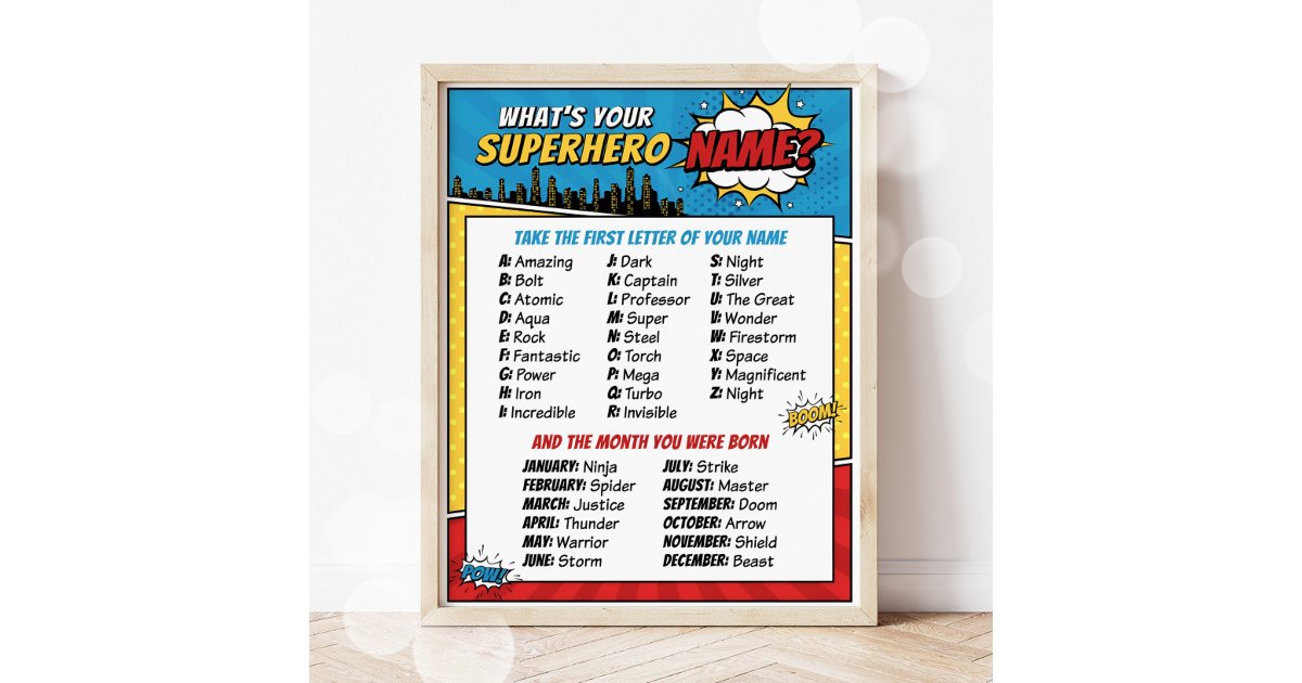 What's Your Superhero Name Party Game Poster | Zazzle