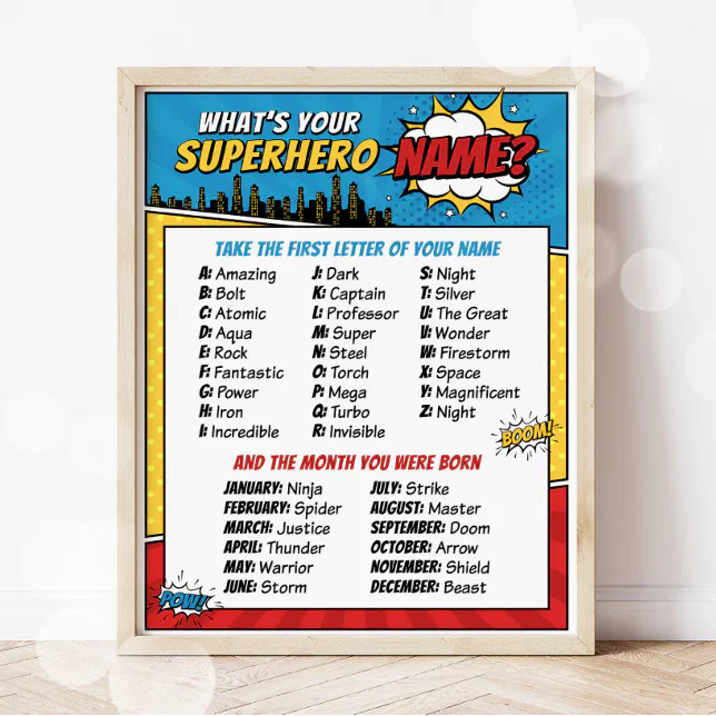 What's Your Superhero Name Party Game Poster | Zazzle