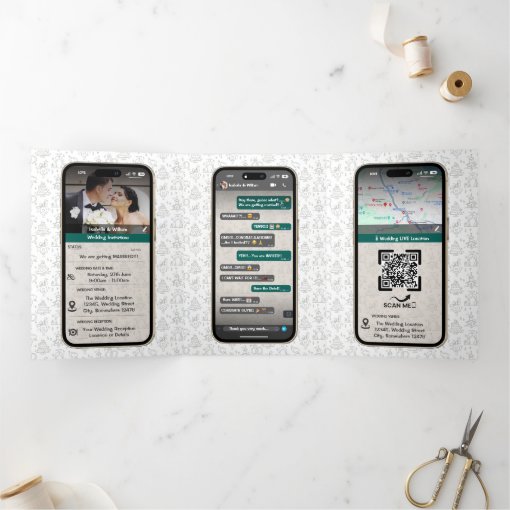 WhatsApp iPhone Chat Themed Wedding QR Code Tri-Fold Invitation | Zazzle