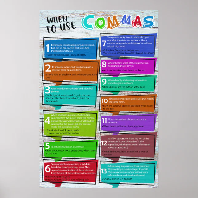 When To Use Commas Punctuation Chart Poster | Zazzle
