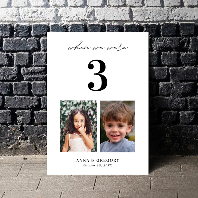 When We Were 3 Childhood Photos 5x7 Table Number | Zazzle