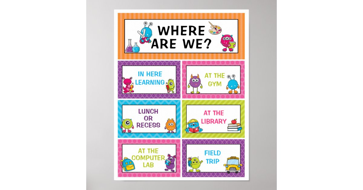 Where Are We Classroom Sign in Cute Monsters Theme | Zazzle