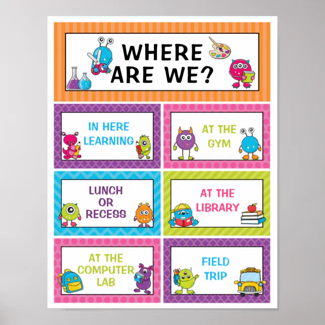 Where Are We Classroom Sign in Cute Monsters Theme | Zazzle
