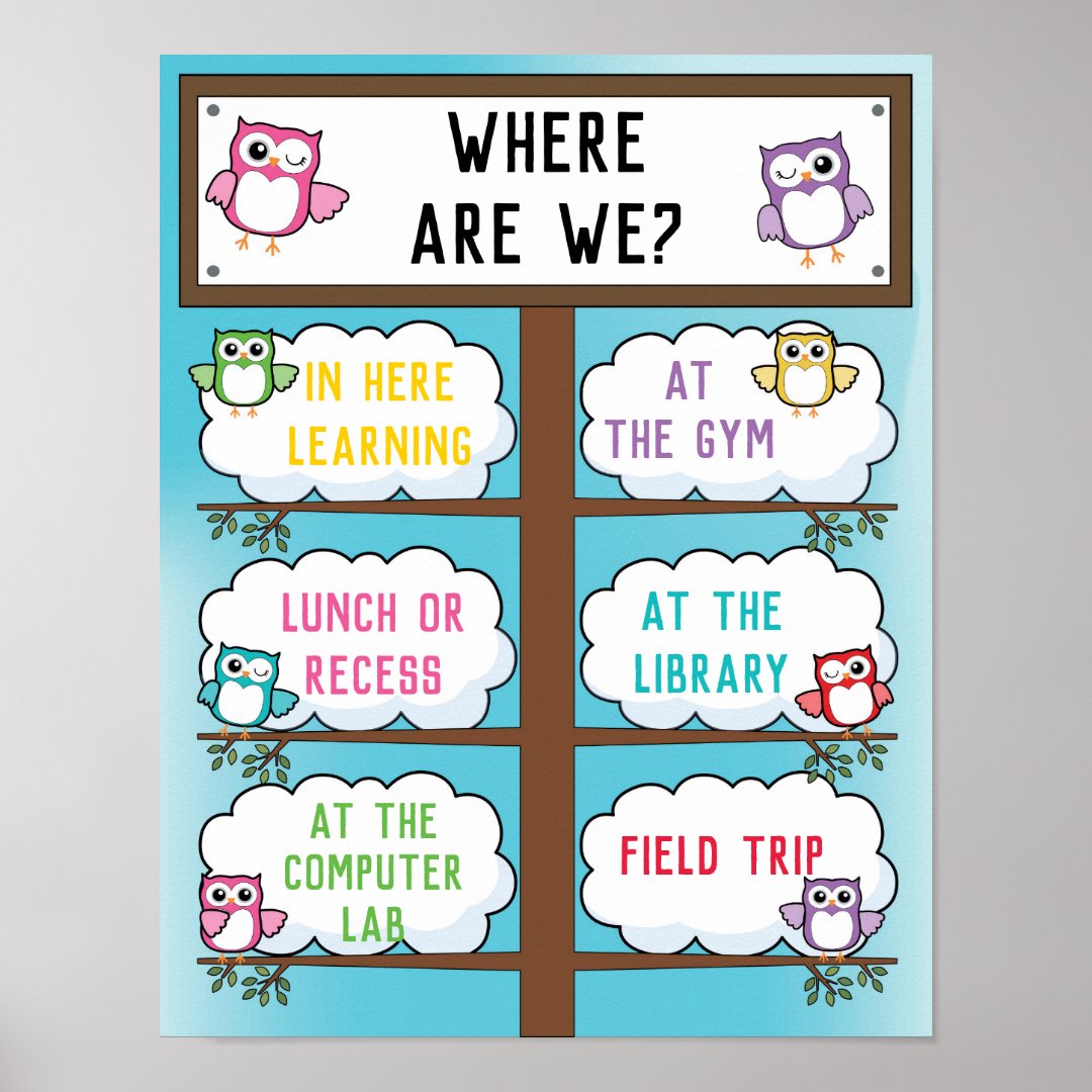 Where Are We Classroom Sign in Cute Owl Theme | Zazzle