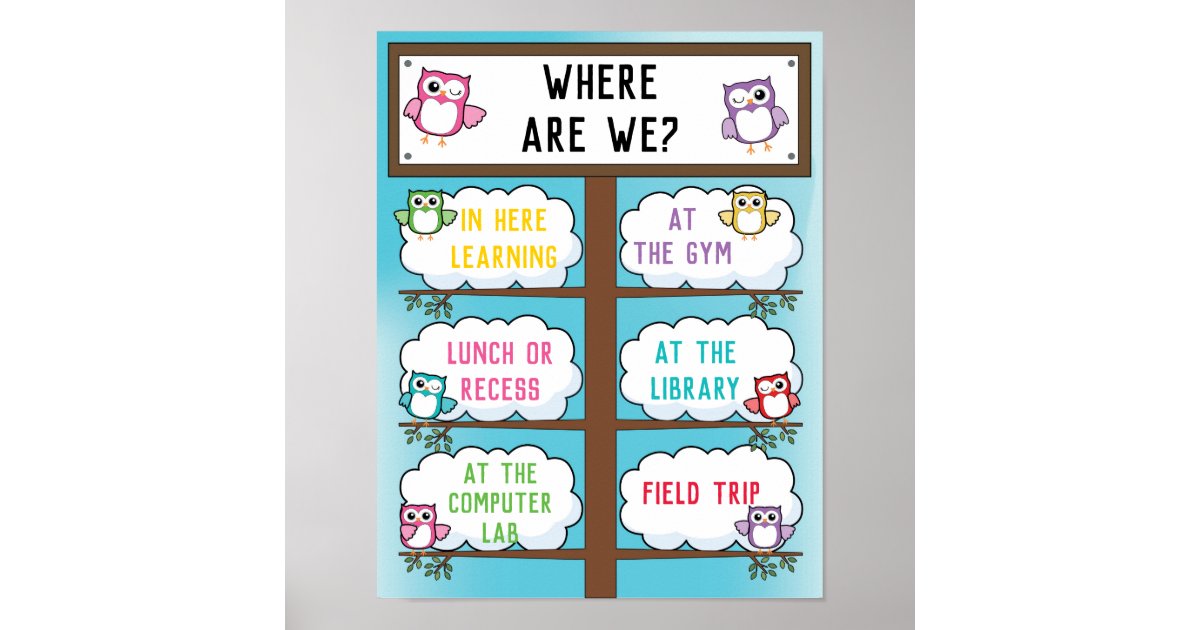 Where Are We Classroom Sign in Cute Owl Theme | Zazzle