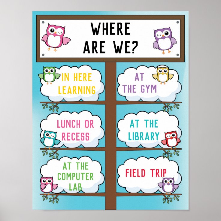 Where Are We Classroom Sign in Cute Owl Theme | Zazzle