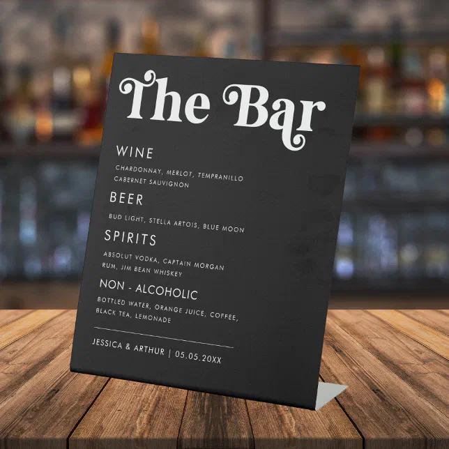 Whimsical 70s Retro Script Wedding Bar Drink Menu Pedestal Sign | Zazzle