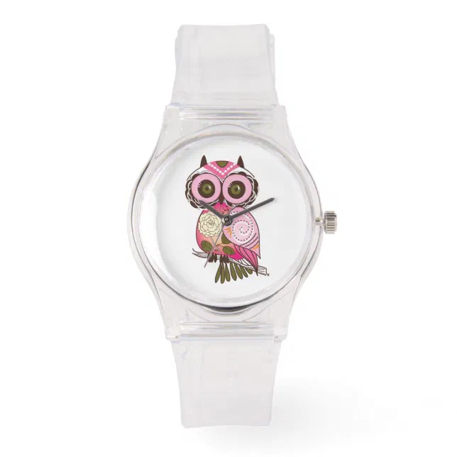 Whimsical Abstract Retro Pattern Pink Owl Watch | Zazzle