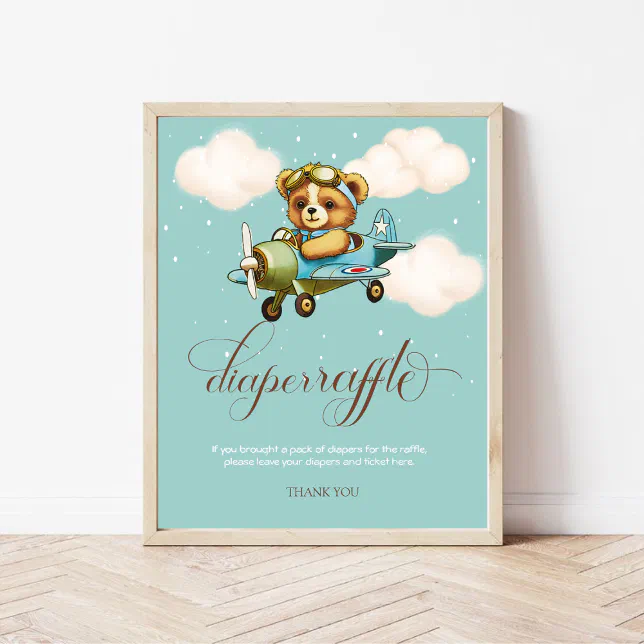 Whimsical Airplane Teddy bear Diaper Raffle Poster | Zazzle