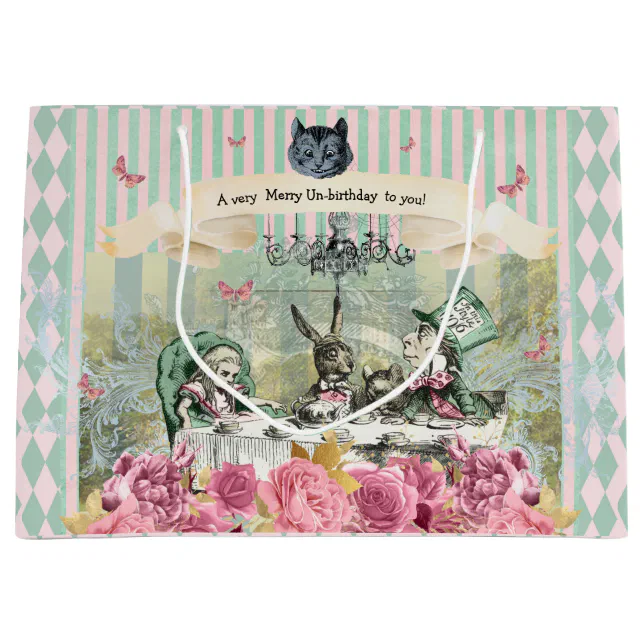 Whimsical Alice blue striped floral unbirthday Large Gift Bag | Zazzle