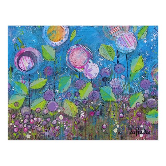 Whimsical art, bright flowers in beautiful garden. postcard | Zazzle.com
