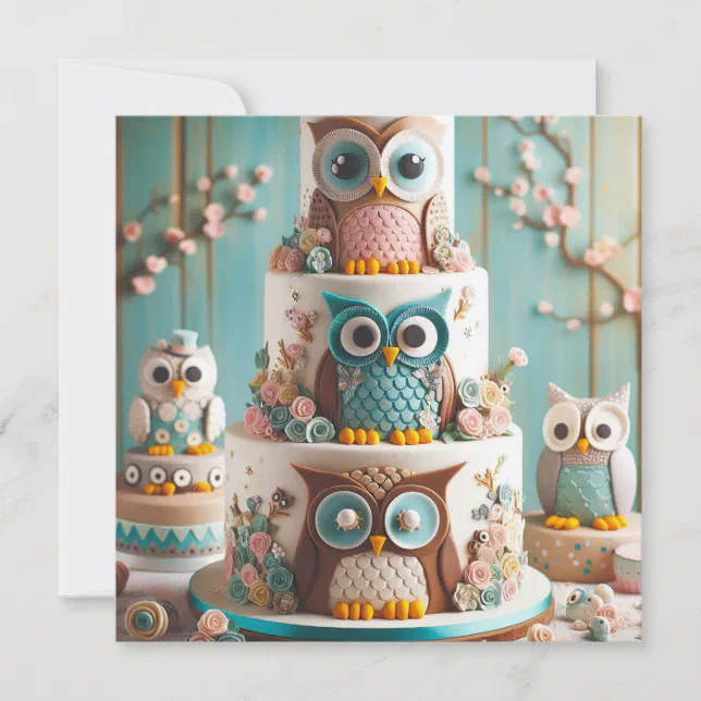 WHIMSICAL BIG EYE OWL THEMED BIRTHDAY CAKE INVITATION | Zazzle