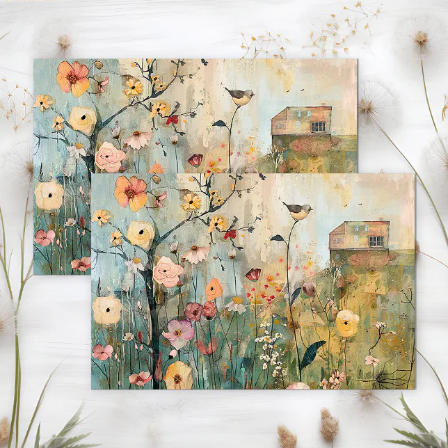 WHIMSICAL BIRD IN SPRING MEADOW DECOUPAGE TISSUE PAPER | Zazzle