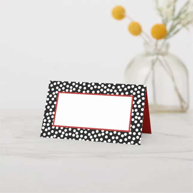 Whimsical Black and White Polka Dots with Red Place Card | Zazzle