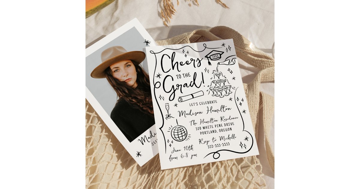 Whimsical Black Doodles Photo Graduation Party Invitation | Zazzle