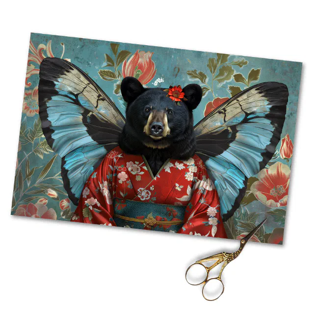 Whimsical Black Vintage Floral Bear Decoupage Tissue Paper | Zazzle