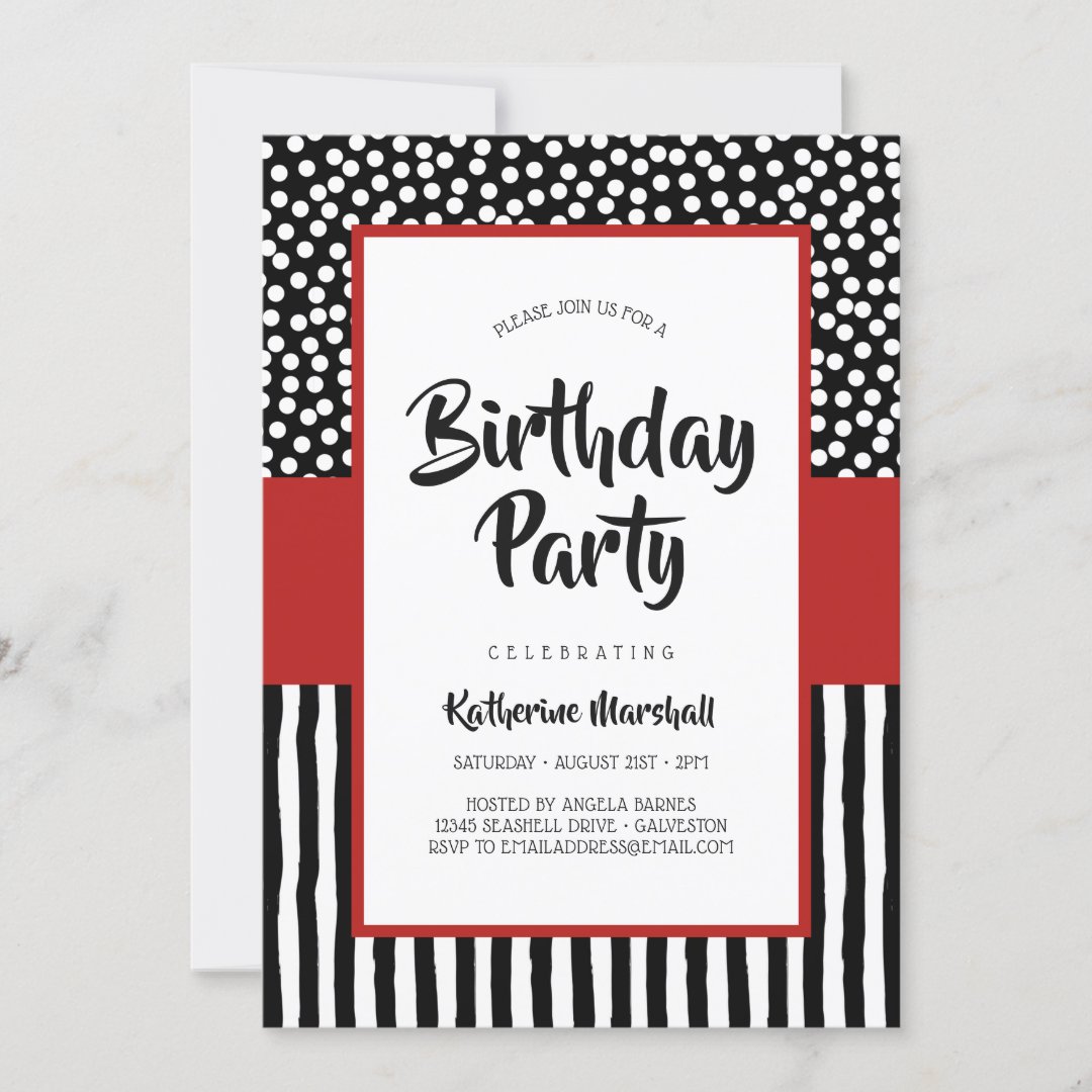 Whimsical Black White and Red Birthday Invitation | Zazzle