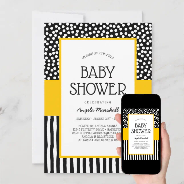 Whimsical Black White and Yellow Baby Shower Invitation | Zazzle
