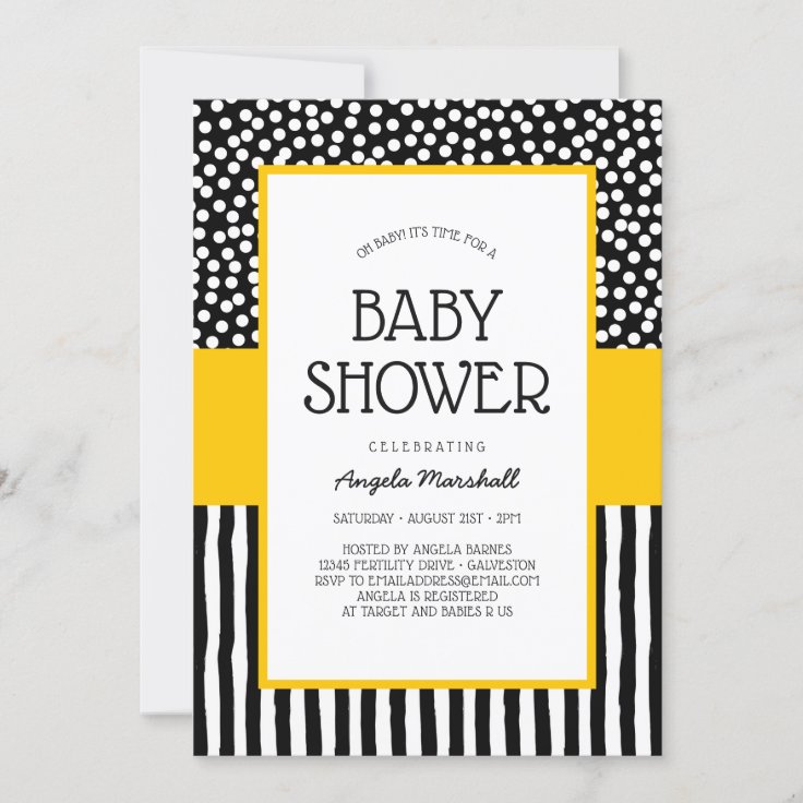 Whimsical Black White and Yellow Baby Shower Invitation | Zazzle