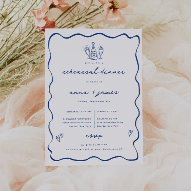 Whimsical Blue Doodle Rehearsal Dinner Announcement | Zazzle
