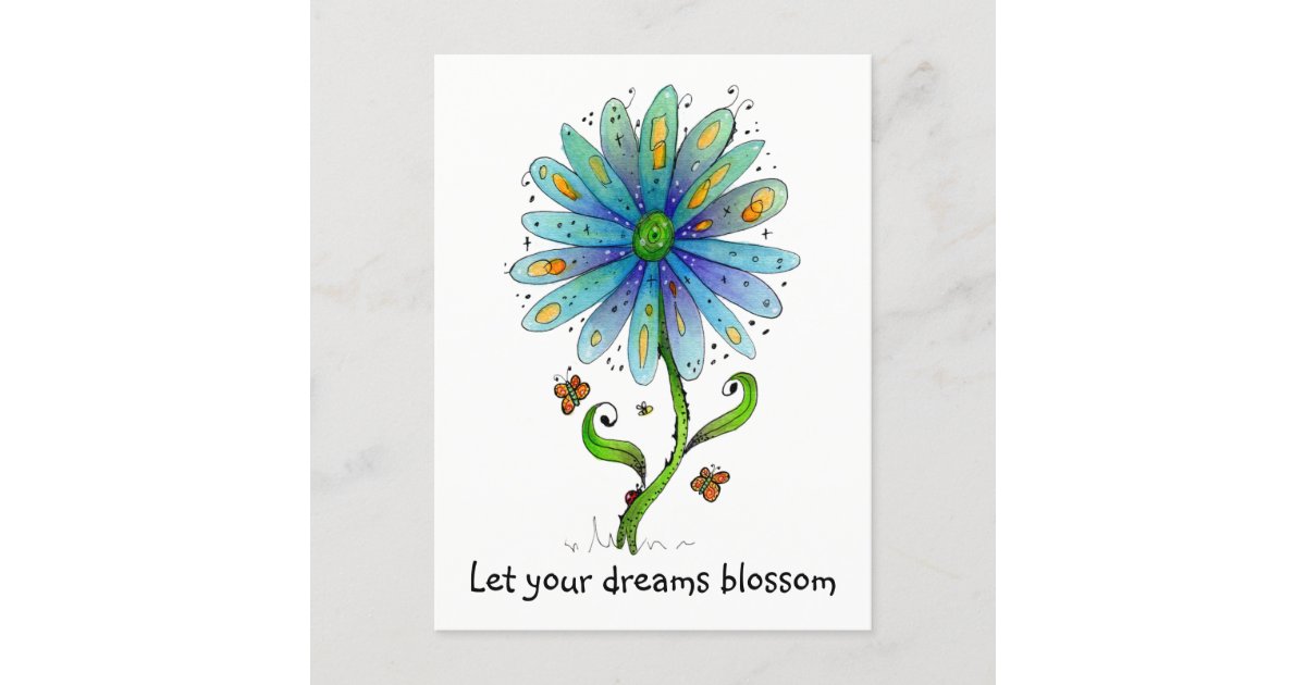 Whimsical Blue Flower And Bugs Postcard | Zazzle