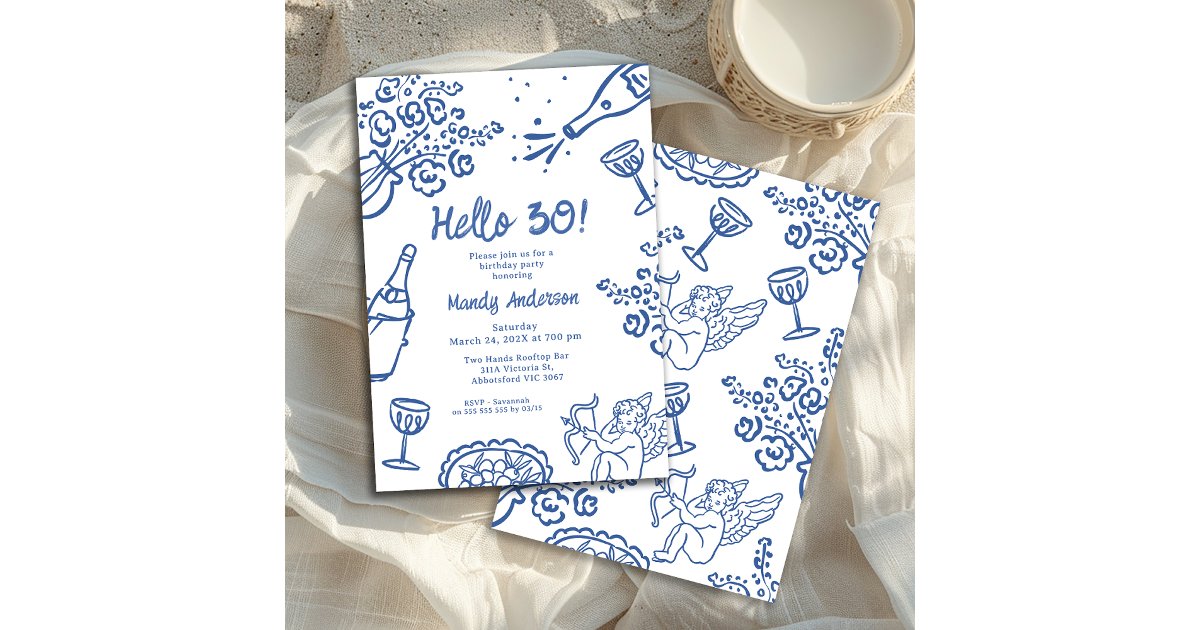 Whimsical Blue Hand Drawn 30th Birthday Party Invitation | Zazzle