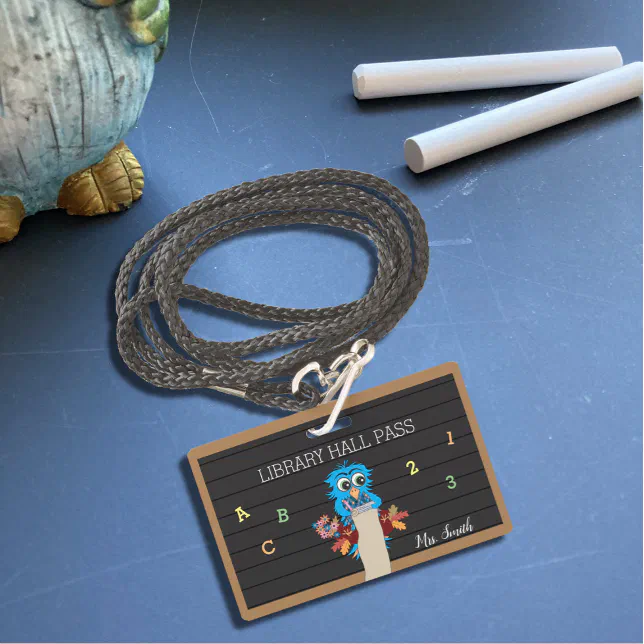 Whimsical Blue Owl Horizontal Hall Pass Badge | Zazzle