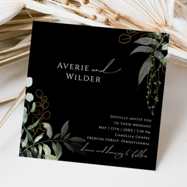 Whimsical Botanical Black and Gold Square Wedding Invitation | Zazzle