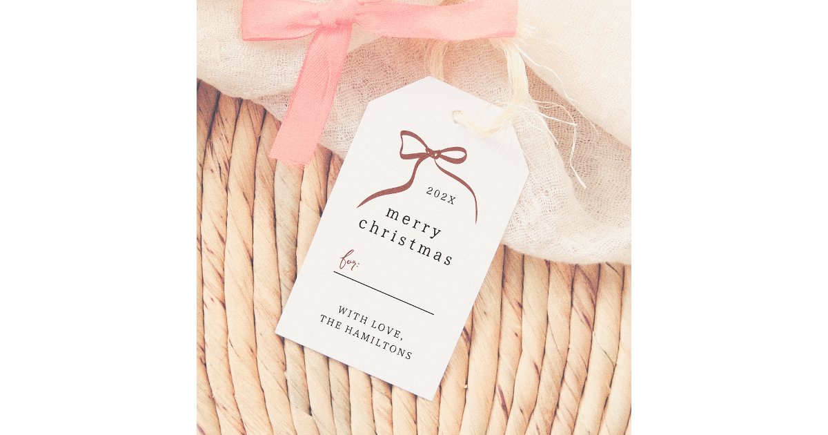 Whimsical Bow Hand Drawn Ribbon Merry Christmas Gift Tags | Zazzle