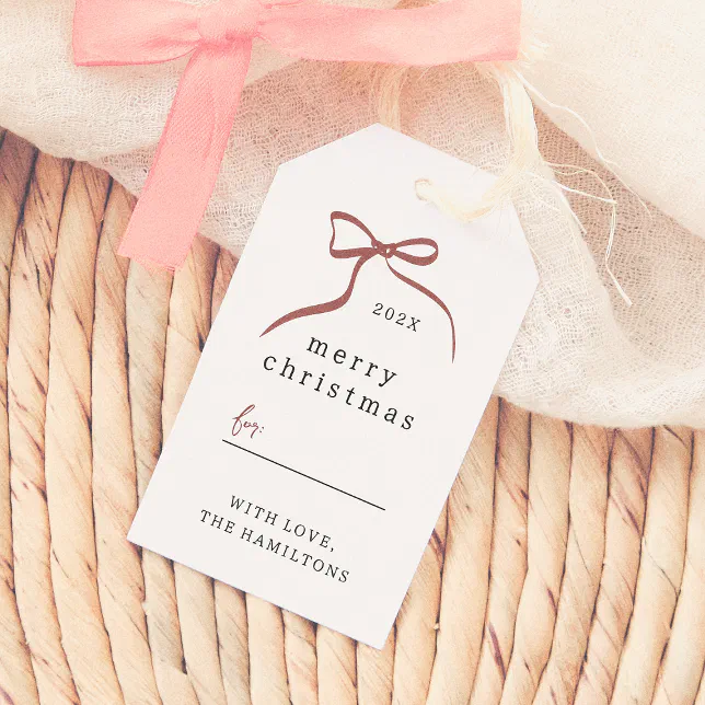 Whimsical Bow Hand Drawn Ribbon Merry Christmas Gift Tags | Zazzle