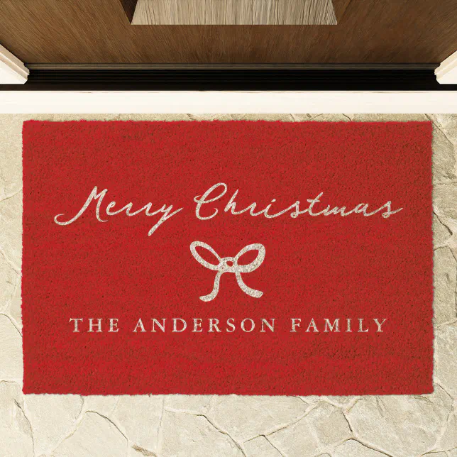 Whimsical Bow Red Merry Christmas Fiber Doormat | Zazzle