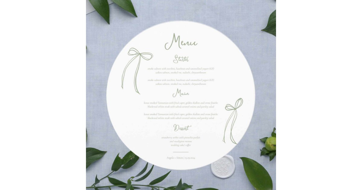 Whimsical Bow Sage Green Wedding Circular Menu | Zazzle Whimsical Bow Sage Green Wedding Circular Menu | Zazzle