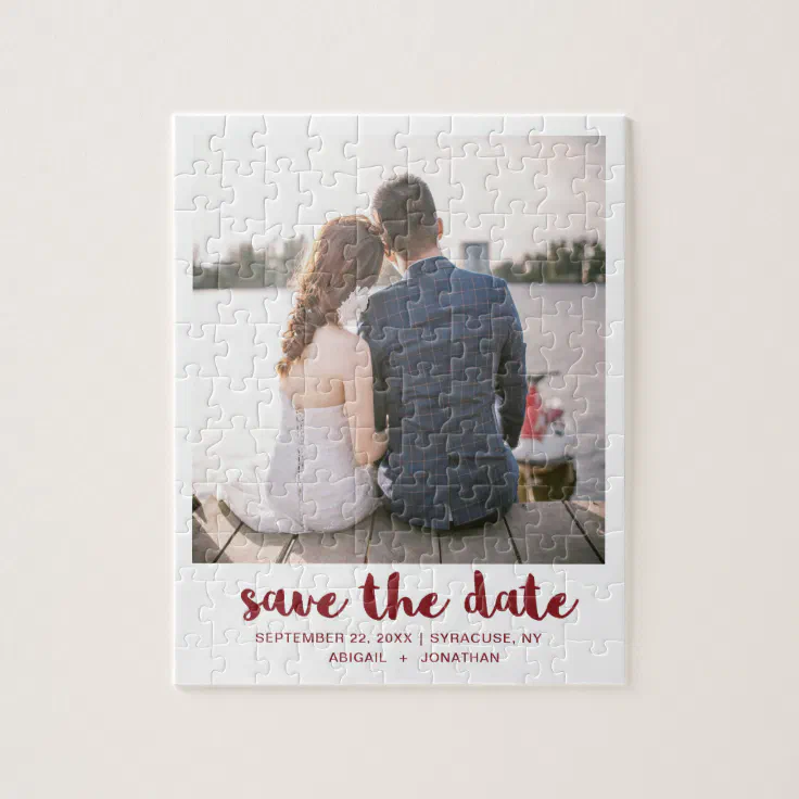 Whimsical Brush Script Photo Save the Date Red Jigsaw Puzzle | Zazzle