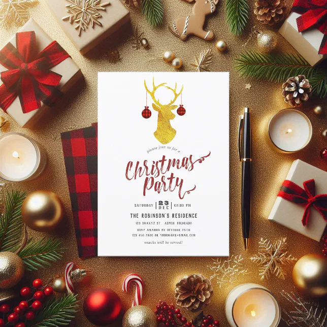 Whimsical Buffalo Plaid Rustic Christmas Party Invitation | Zazzle