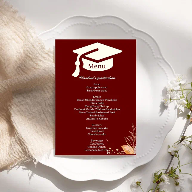 Whimsical Burgundy Graduation party dinner menu | Zazzle