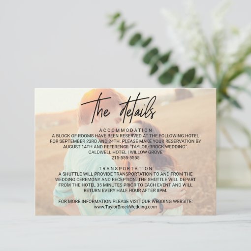 Whimsical Calligraphy | Faded Photo Details Card | Zazzle
