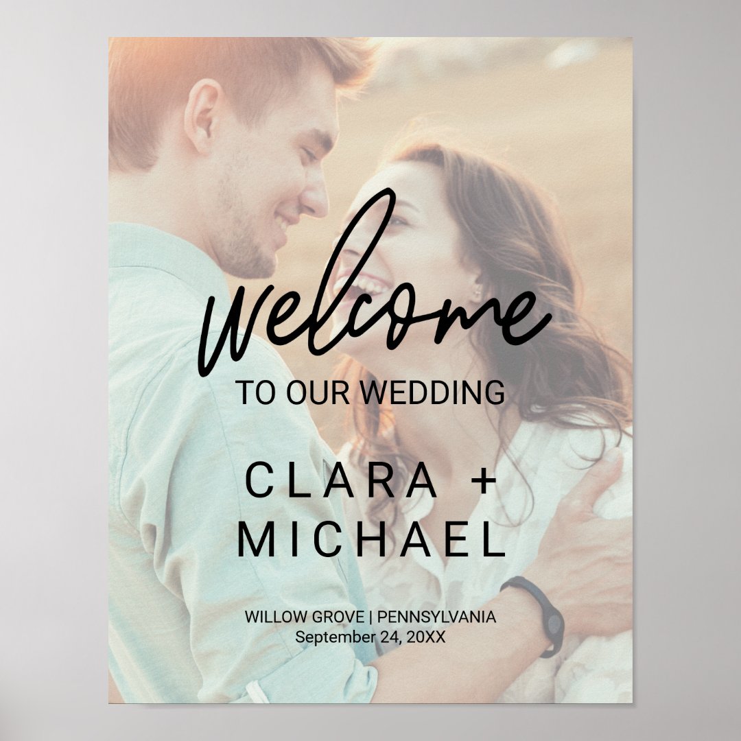 Whimsical Calligraphy Faded Photo Welcome Wedding Poster | Zazzle