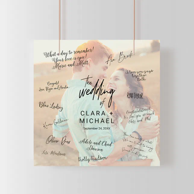 Whimsical Calligraphy Photo Wedding Guest Signing Poster | Zazzle