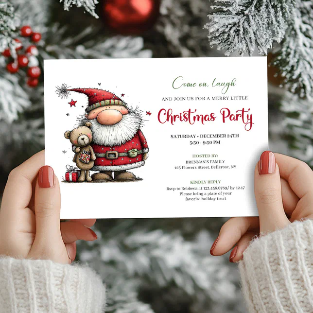 Whimsical Cartoon Santa Claus Holiday Party Invite | Zazzle