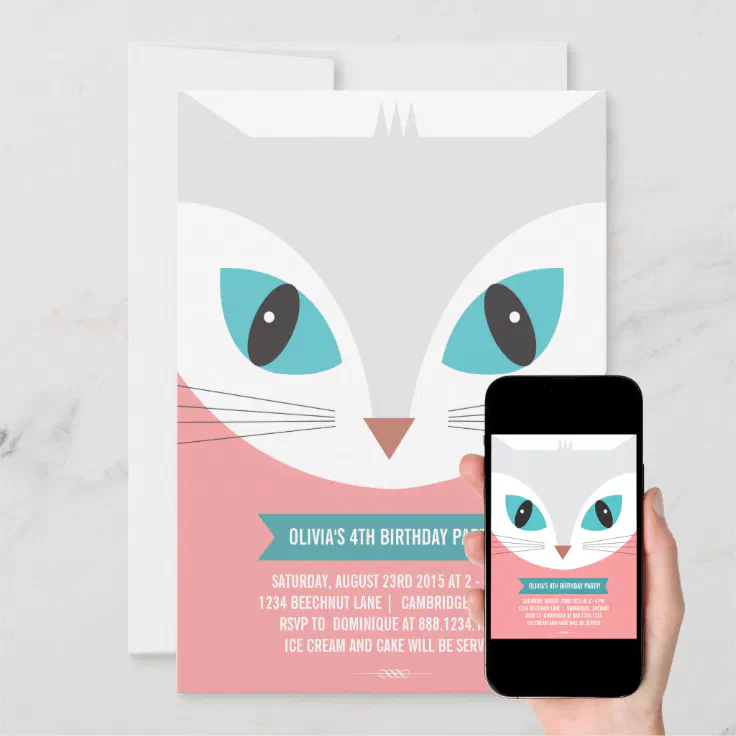 WHIMSICAL CAT KIDS BIRTHDAY PARTY INVITATION | Zazzle
